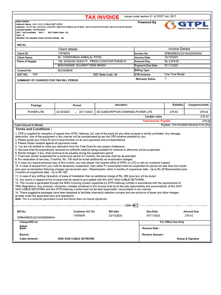 Invoice 07-11-2023 Power Lite | PDF