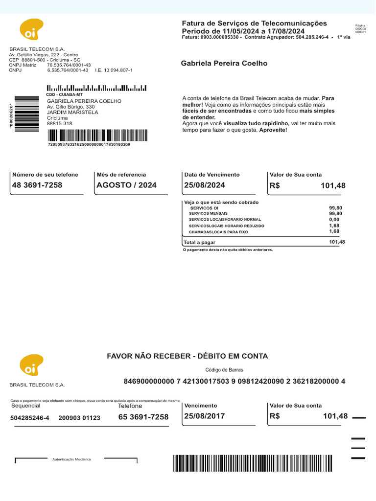 Fatura Conta Telefone OI | PDF
