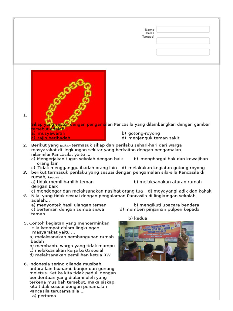 Soal PKN Kelas 5 (Nilai-Nilai Pancasila) - Quizizz | PDF