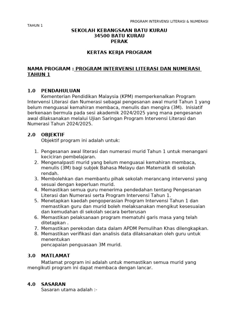 KERTAS KERJA PROGRAM INTERVENSI THN 1 (2) | PDF