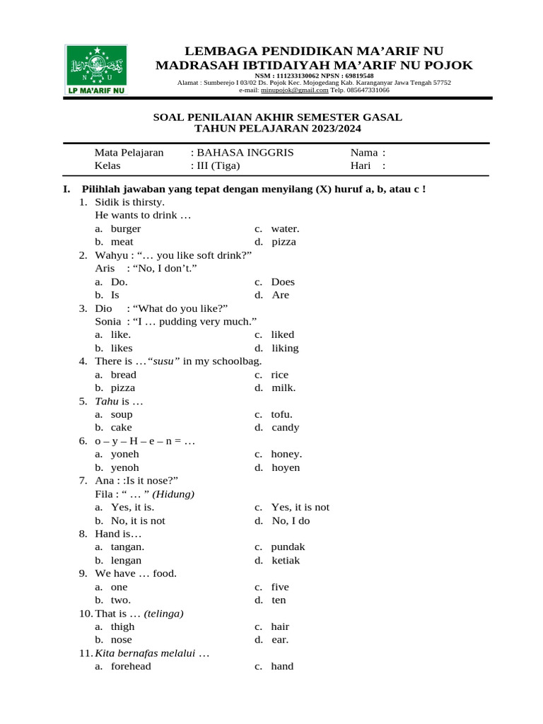 Soal Pas BHS Inggris Kl. 3 | PDF