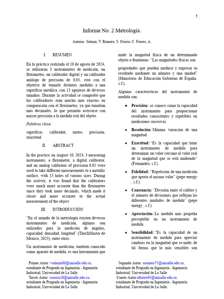 Informe No. 2 Metrología | PDF | Pulgada | Medición
