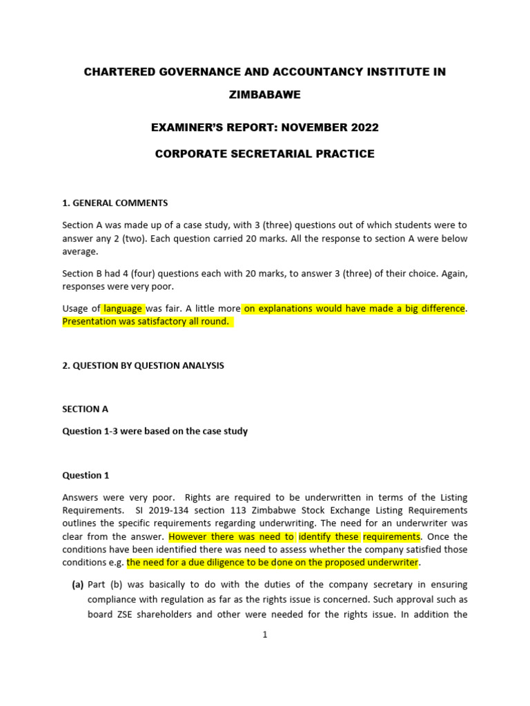 Corporate Secretarial Practice November 2022 Examiner's Report | PDF
