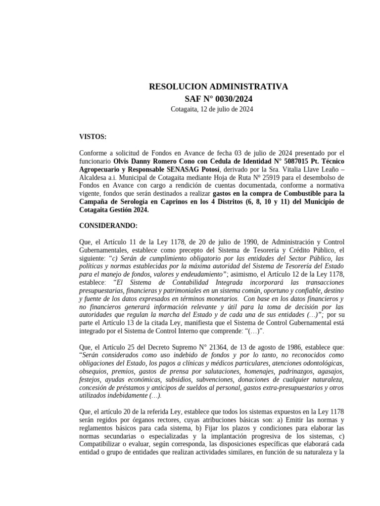 030 Resolucion Adm. Fondos en Avance Olvis Romero Combustible | PDF