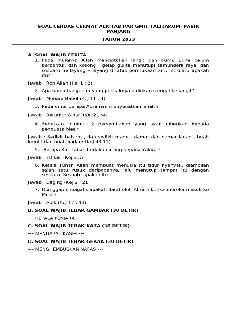 Soal Cerdas Cermat Alkitab Par Gmit Talitakumi Pasir Panjang - 1 | PDF