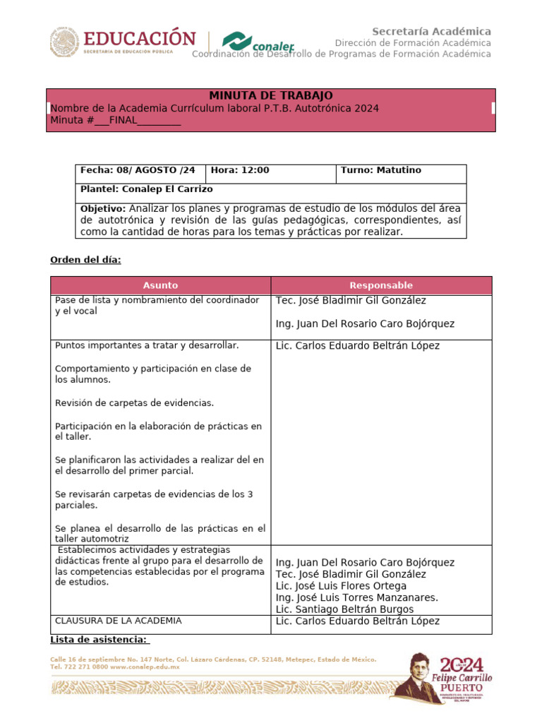 Minuta de Trabajo Autotrónica 2024 | PDF | México | Aprendizaje