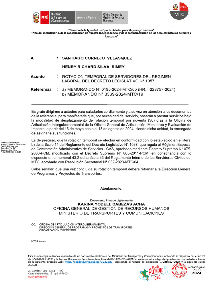 Memorando Multiple #0074-2024-MTC.11 (15.05.2024) | PDF