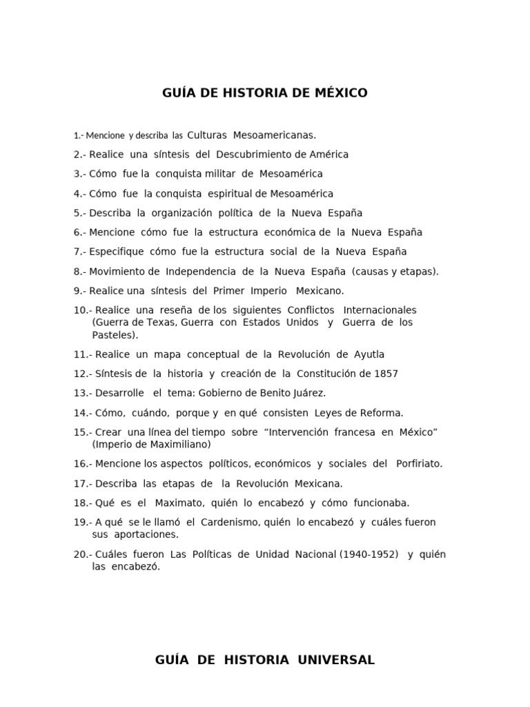 Historia de México y Universal: Guía Completa | PDF | México | Nueva españa