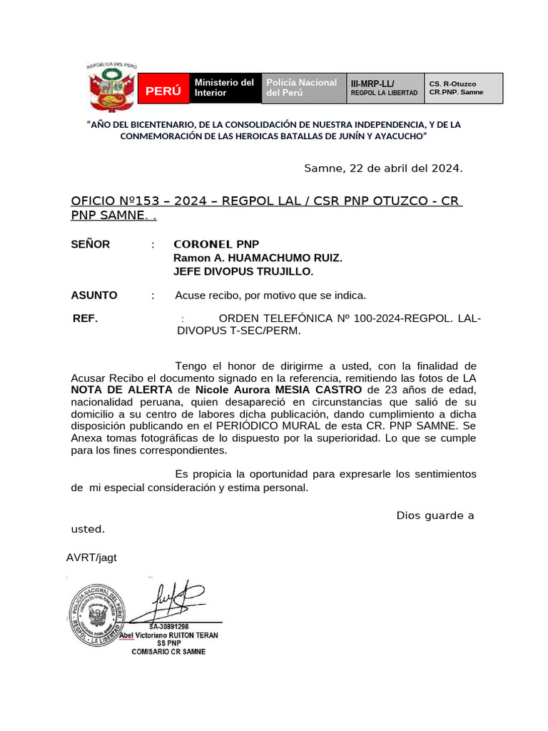 Se Remite Oficio N°153 - Acuse Recibo de O-T N°100 | PDF Se Remite Oficio N°153 - Acuse Recibo de O-T N°100 | PDF