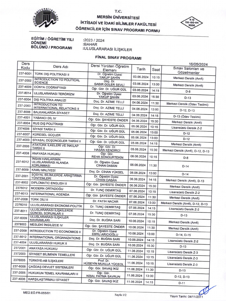Uluslararasi Lkler 2023-2024 Fnal Sinav Programi | PDF