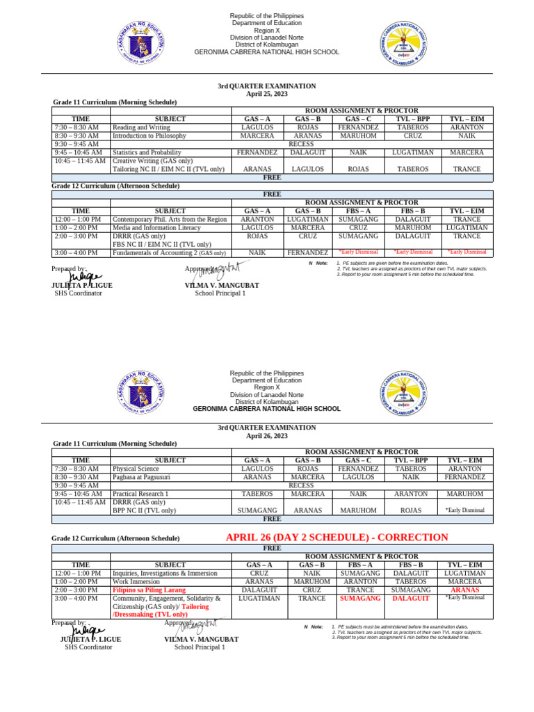 3rd Quarter Exam Schedule 2023 | PDF | Learning Methods | Learning