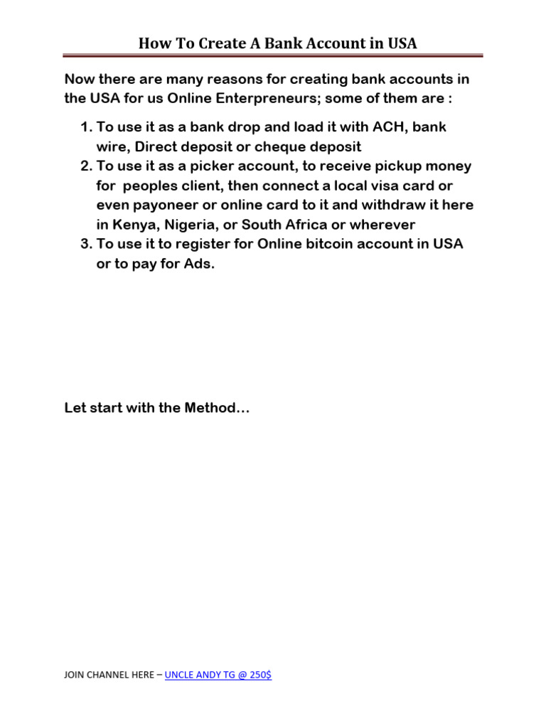 How To Create A Bank Account in USA UNCLE ANDY | PDF | Banks | Service ...