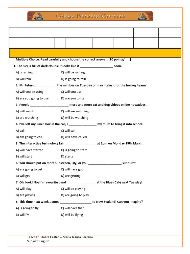 Test 9th Grade - Future Tenses | PDF
