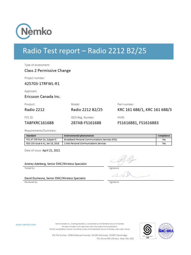 Radio Test Report - Radio 2212 B2/25 | PDF