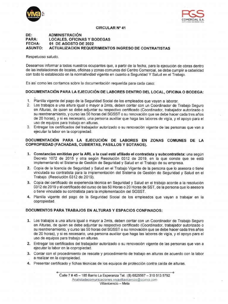 Circular 41 Actualizada Ingreso de Contratista - 2022 | PDF