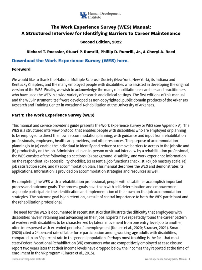 Work Experience Survey WES 2022 Manual | PDF