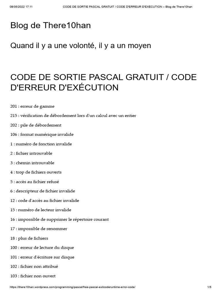 CODE DE SORTIE PASCAL GRATUIT - CODE D'ERREUR D'EXÉCUTION - Blog de ...