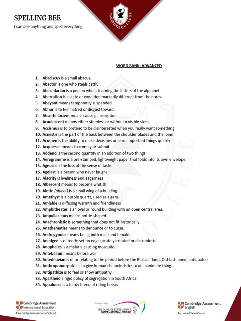 Spelling Bee Word Lists - Advanced 2024 | PDF