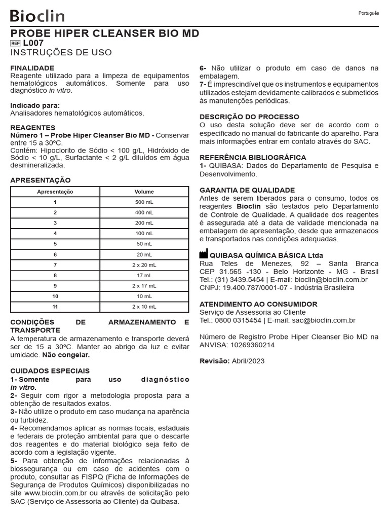 Probe Hiper Cleanser Bio MD Trilingue Abr 2023 | PDF