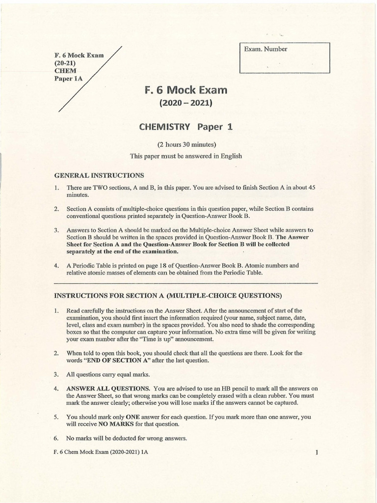 La Salle 2020-2021 Mock Exam F6 Chemistry Paper 1 | PDF