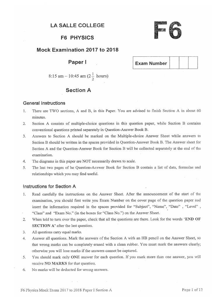 La Salle 2017-2018 Mock Exam F6 Physics | PDF