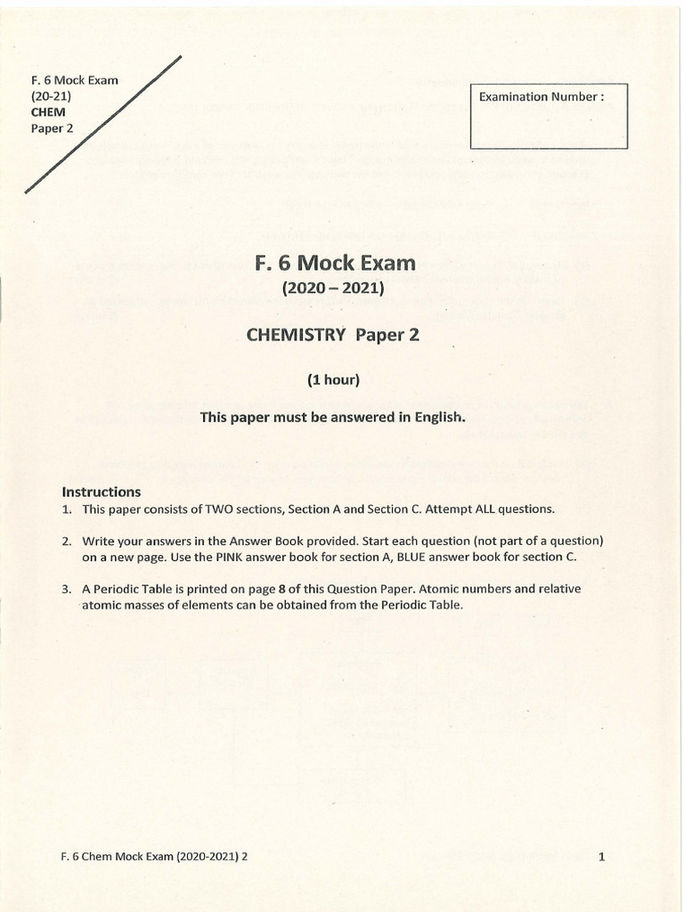 La Salle 2020-2021 Mock Exam F6 Chemistry Paper 2 | PDF