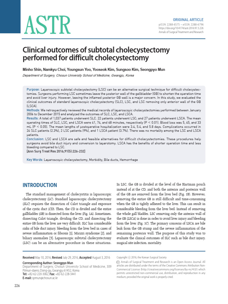 Clinical Outcomes of Subtotal Cholecystectomy Performed For Difficult ...