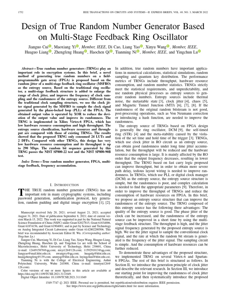 Design of True Random Number Generator Based On Multi-Stage Feedback Ring Oscillator | PDF