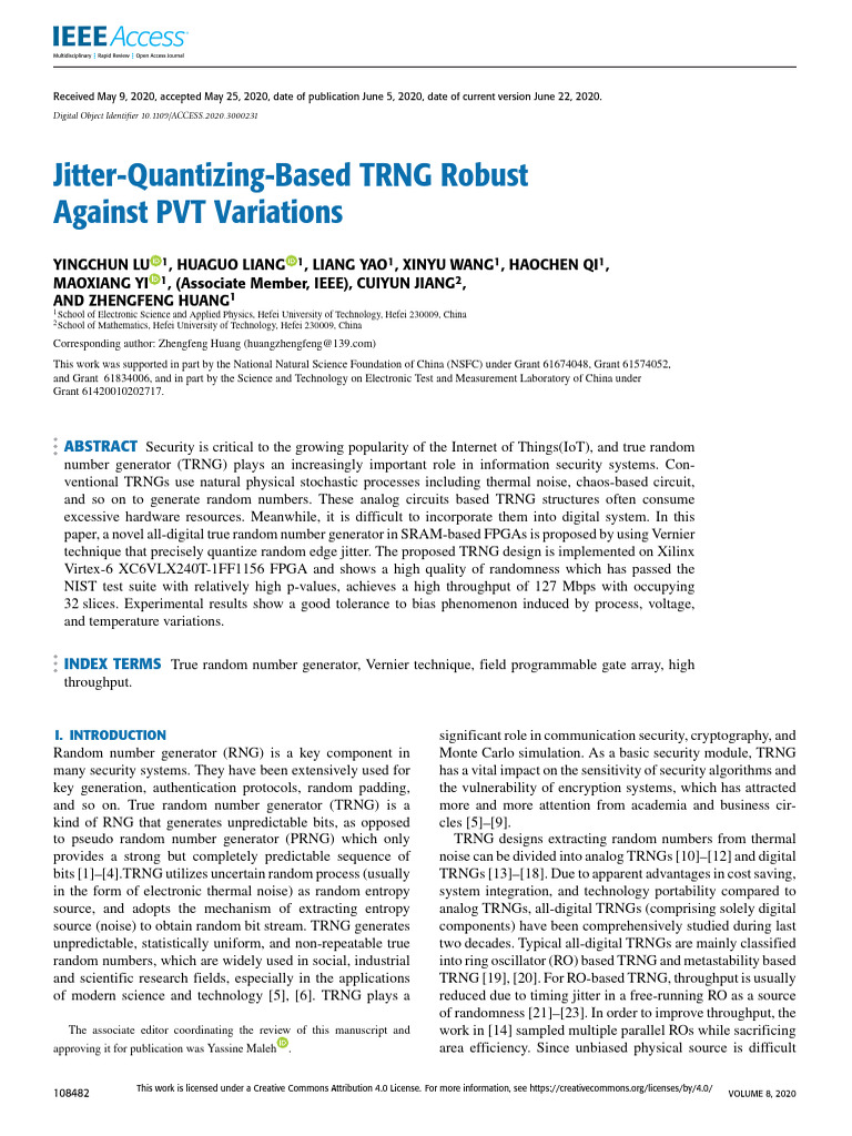 Jitter-Quantizing-Based TRNG Robust Against PVT Variations | PDF