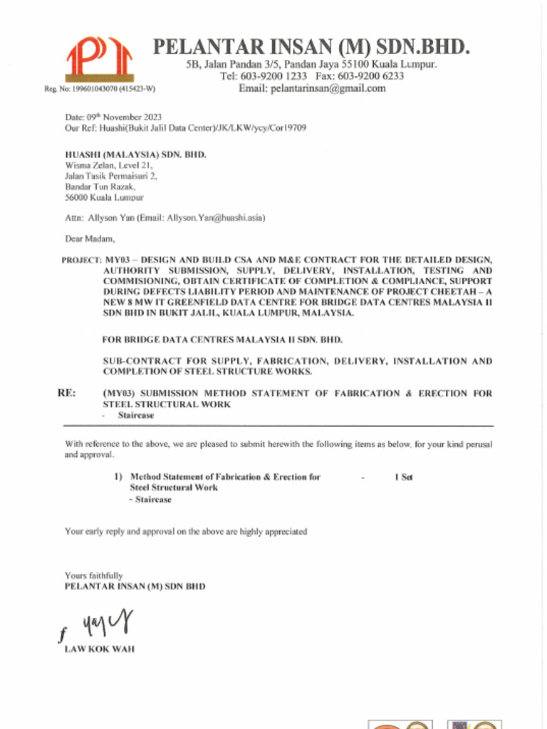 Cor19709 Huashi(Bukit Jalil Data Center) - Submission of Method ...