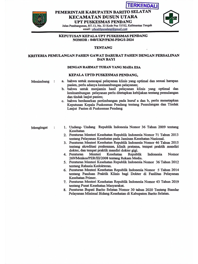 SK Kriteria Pemulangan Pasien Hal.1 | PDF