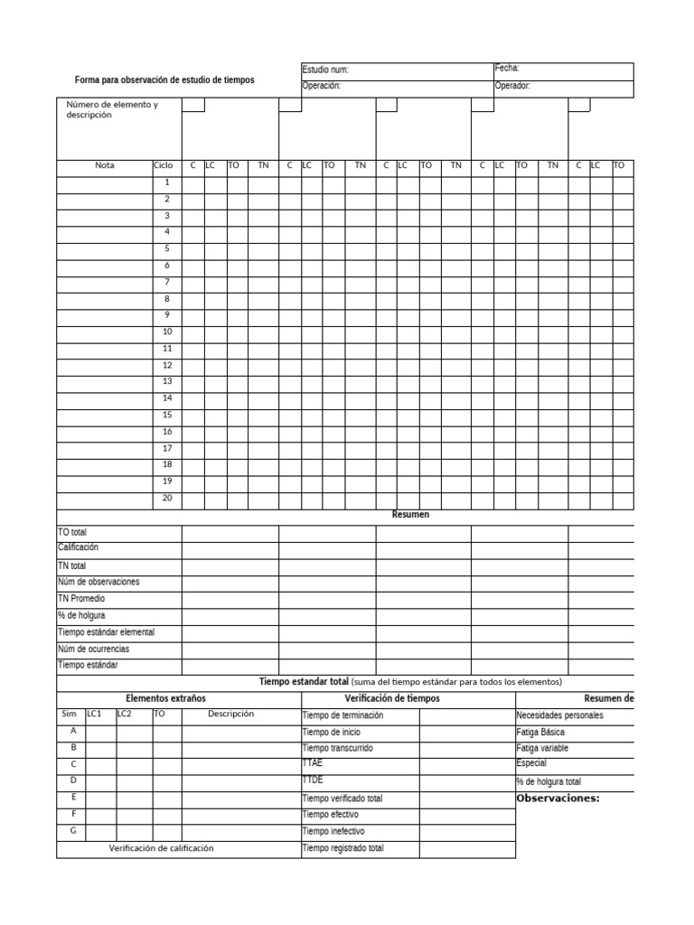 Formato Estudio De Tiempos Pdf