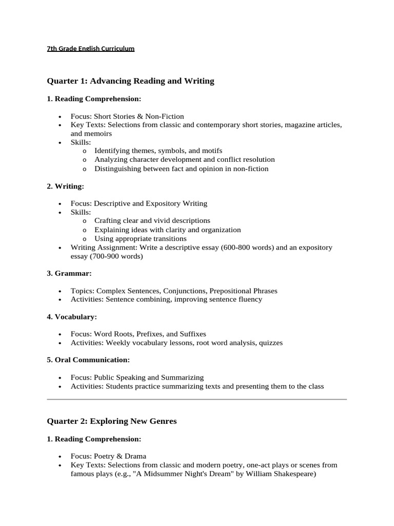 7th Grade English Curriculum | PDF | Poetry | Reading Comprehension