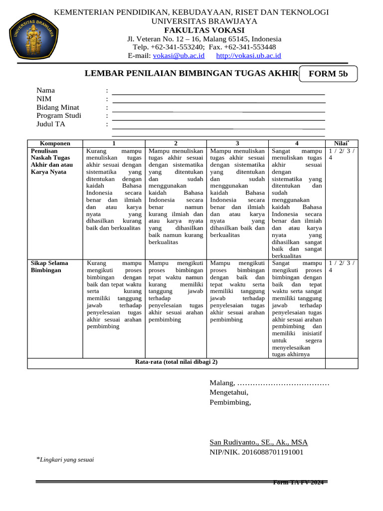 FORM 5b Form Penilaian Ujian Tugas Akhir Sebagai Pembimbing | PDF