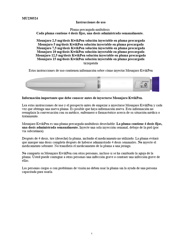 Instrucciones de Uso Mounjaro Tirzepatida Kwikpen Soluci N Inyectable en Pluma Precargada | PDF