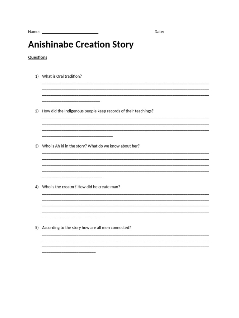 Anishinabe Creation Story Worksheet Lesson #3 | PDF