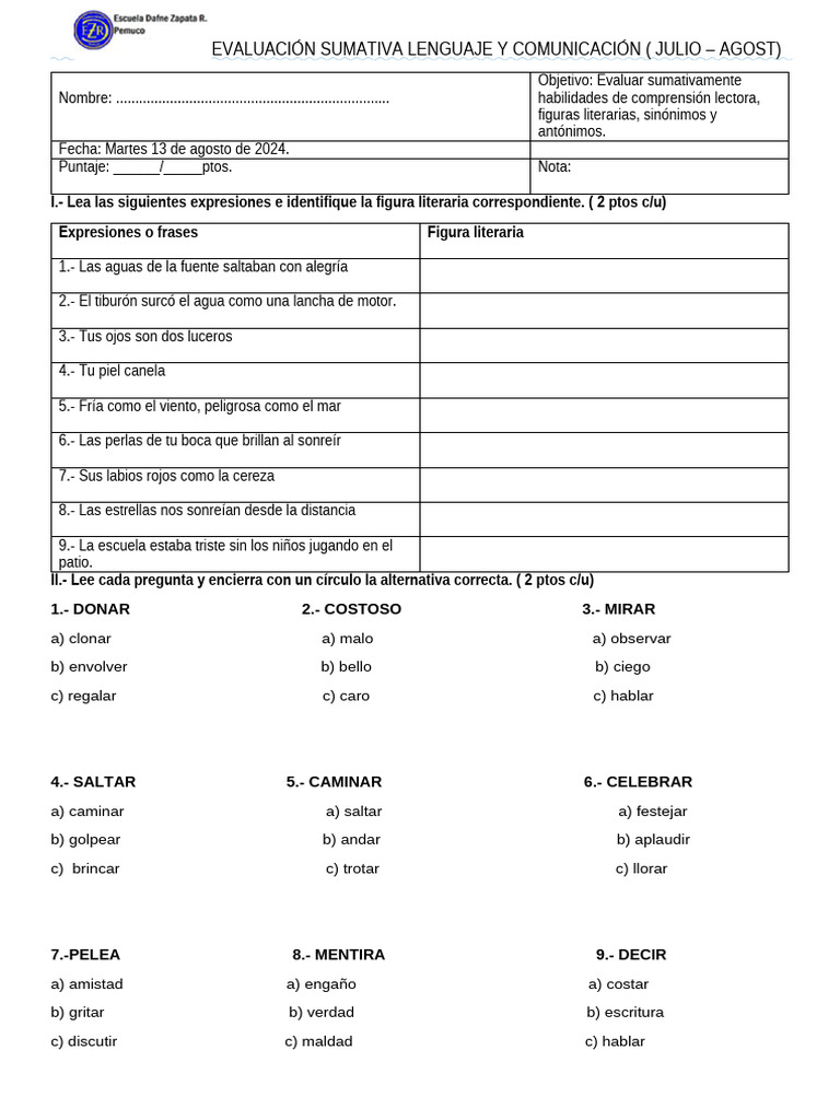 Evaluación Sumativa Lenguaje Agosto | PDF