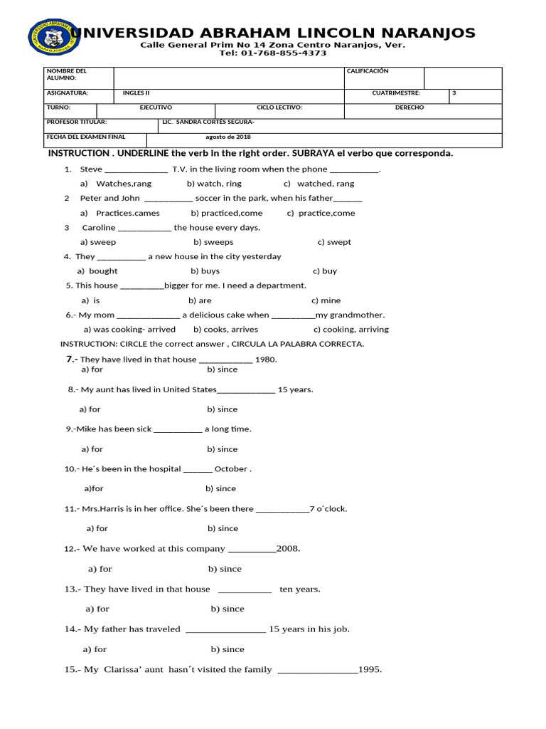 Examen Final Ingles 2do Bloque | PDF