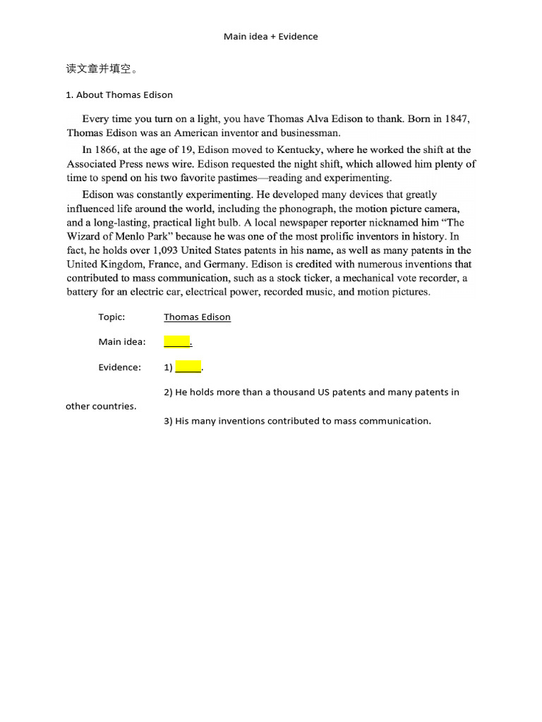 (Assignment) Main Idea and Evidence | PDF