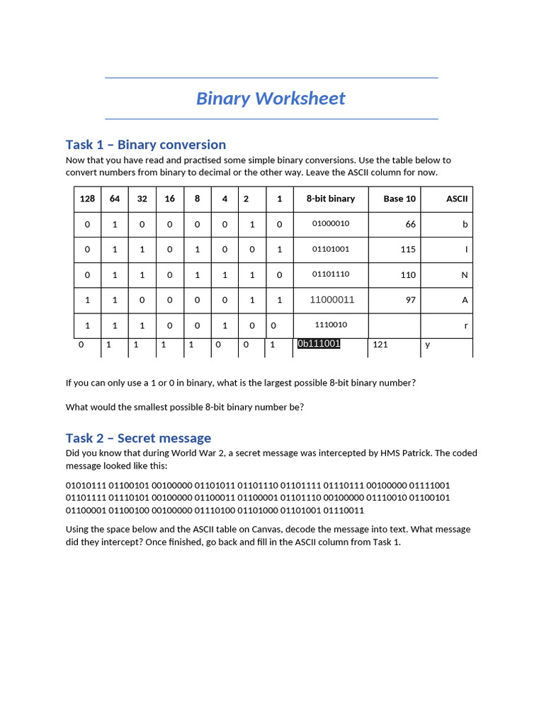 Binary Worksheet | PDF