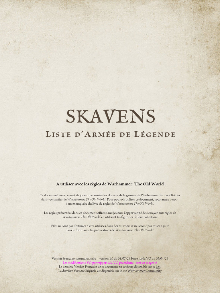 WTOW - Armées de Légende - Skavens V1.0 04-07-24 | PDF