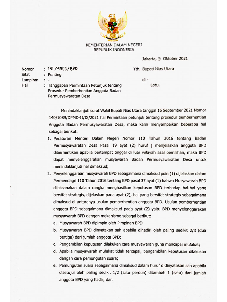Surat Dirjen Bina Desa No. 141 4508 BPD TTG Petunjuk Pemberhentian BPD ...