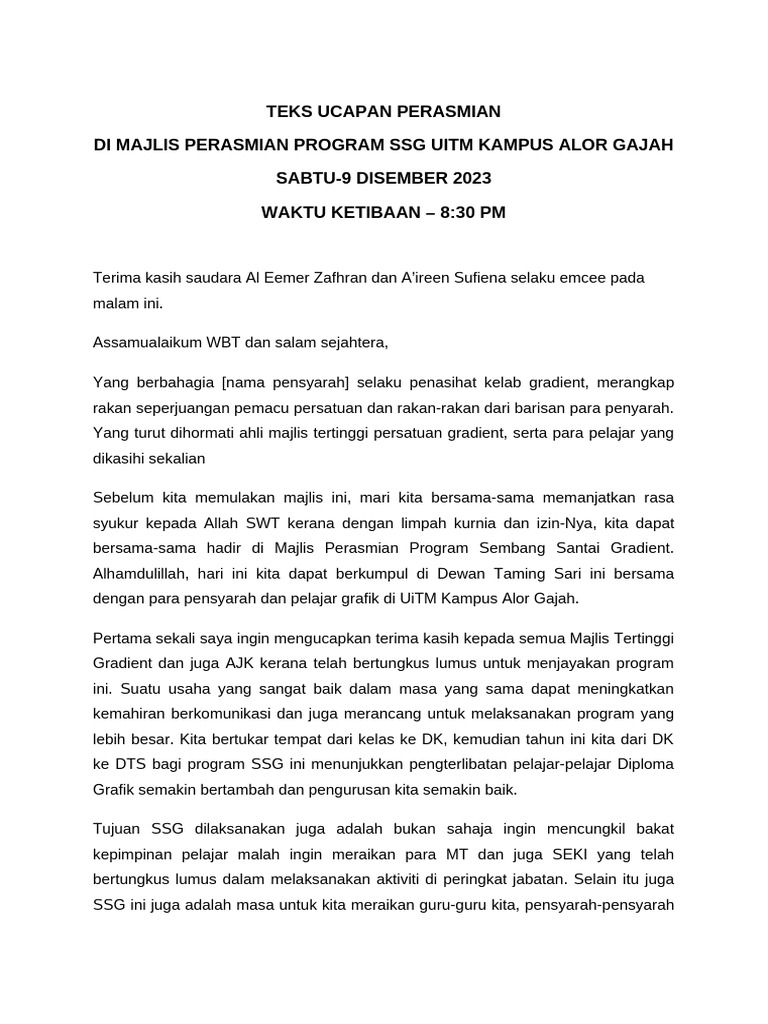 Skrip Ucapan Perasmi Majlis SSG | PDF