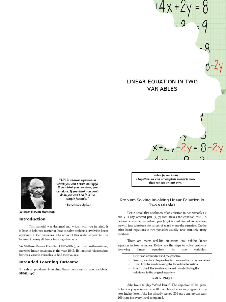 Linear Equation in Two Variables-Simm | PDF
