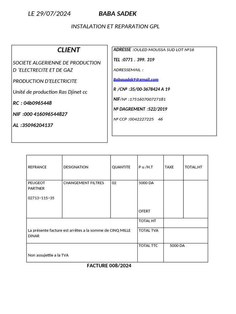 Facture . Soneilgaz Bez 5000 | PDF