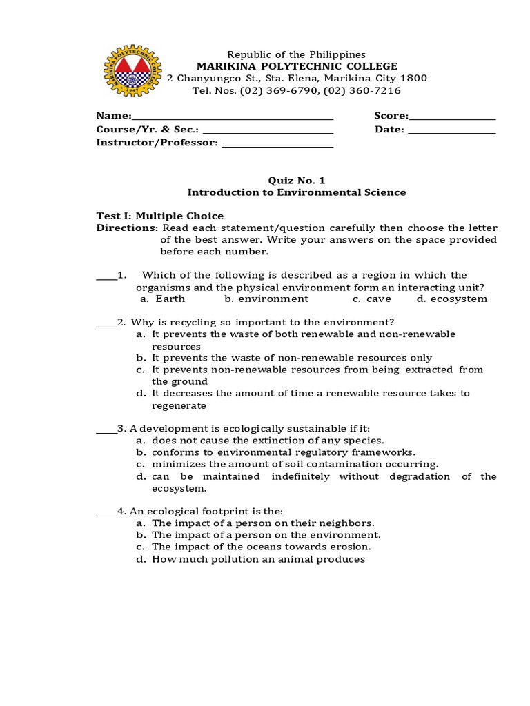 Quiz No. 1 (Envi Sci) | PDF