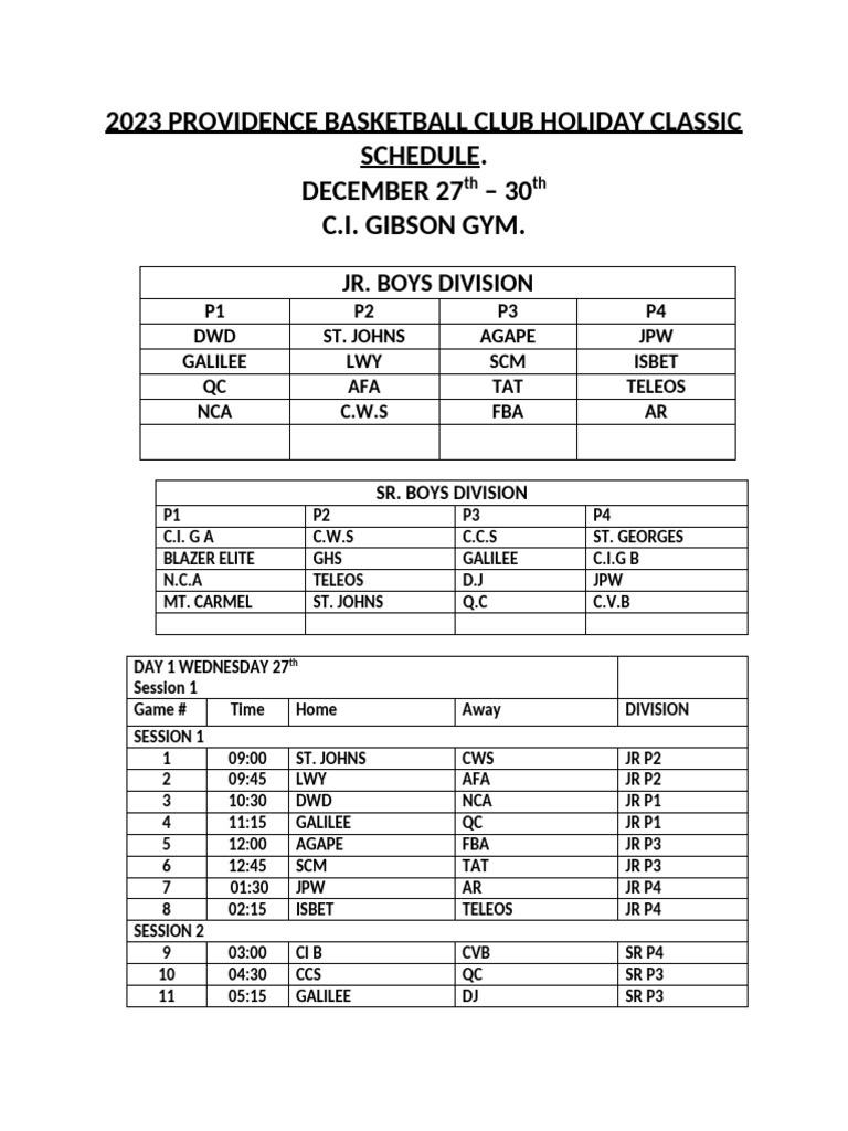 2023 Providence Basketball Club Holiday Classic Schedule | PDF