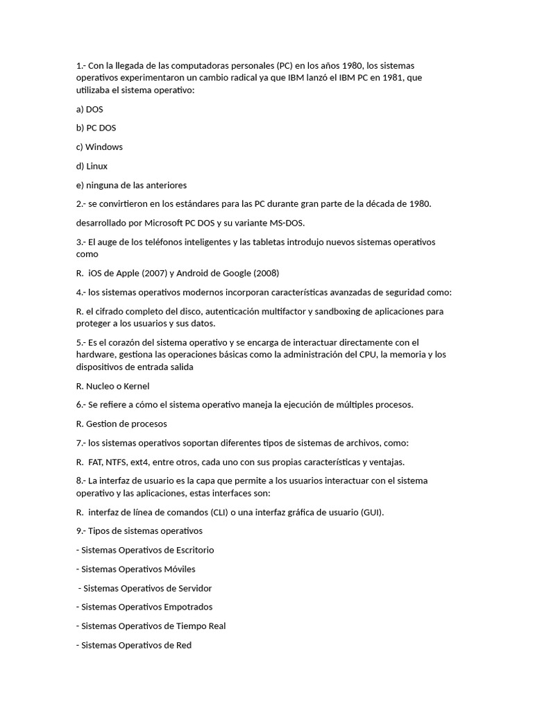 Cuestionarioso 1 SO | PDF | Sistema operativo | Informática