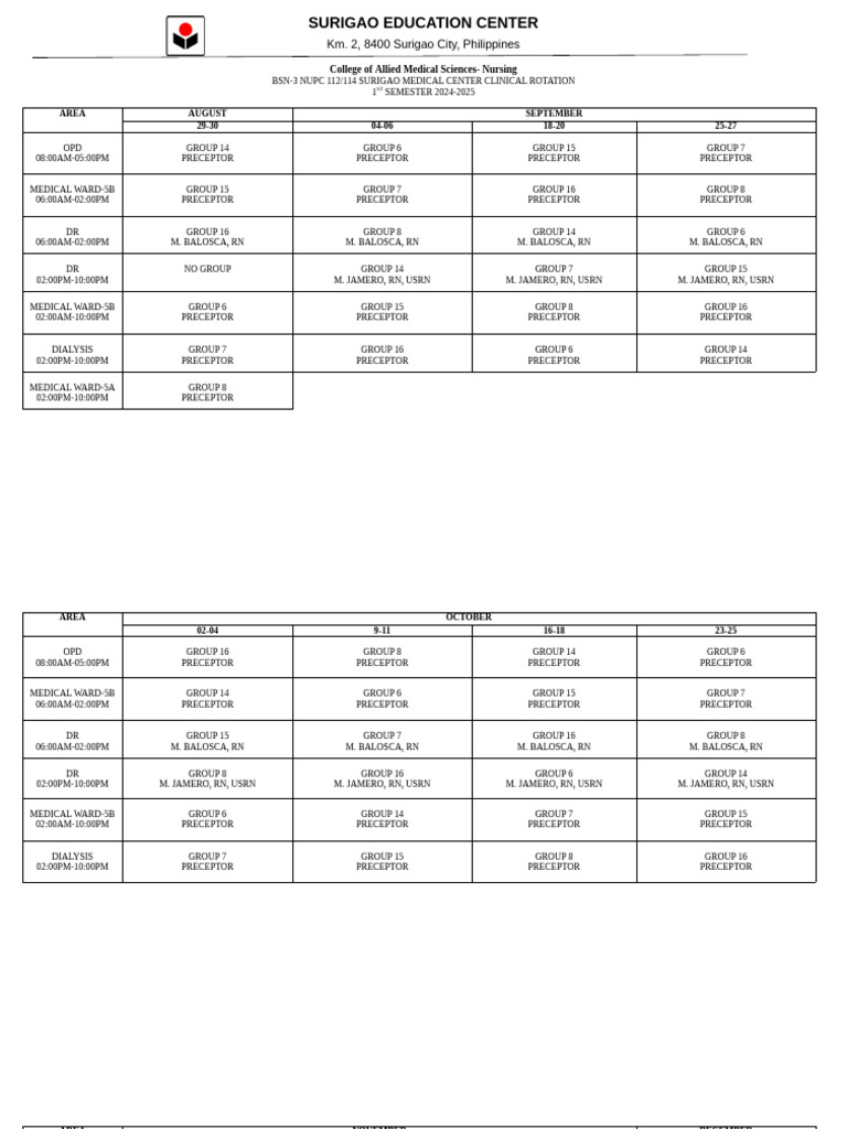 Nupc 112 114 CRH Clinical Rotation Plan 1ST Sem 2024 2025 | PDF