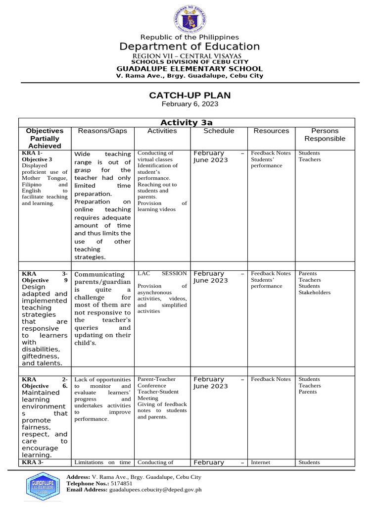 JARDIN Catch Up Plan Activity 3a | PDF